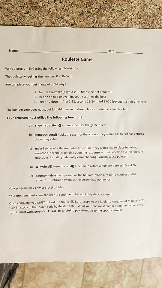 Solved Name: Date Roulette Game Write a program in C using | Chegg.com