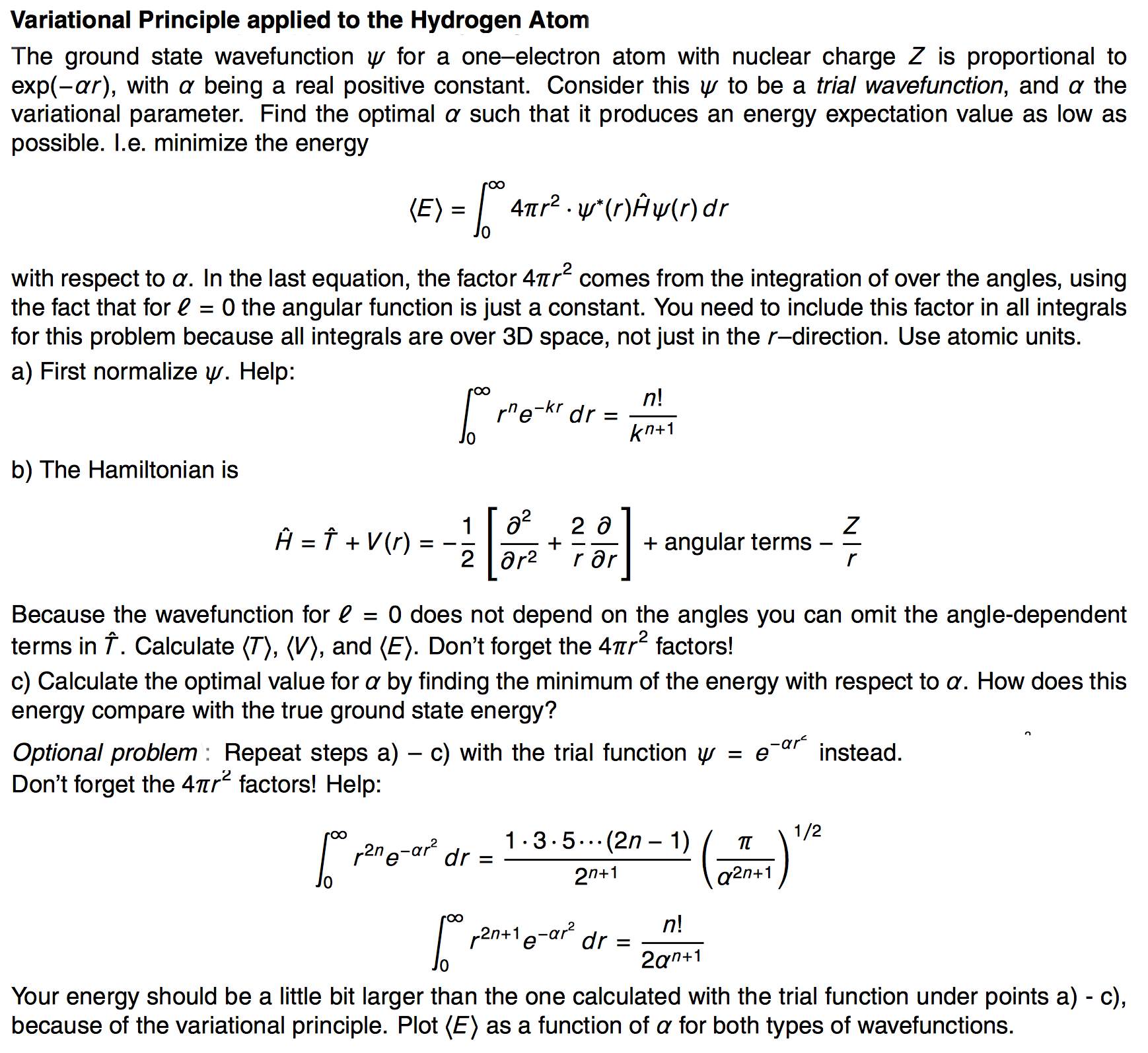 Solved Variational Principle applied to the Hydrogen Atom | Chegg.com