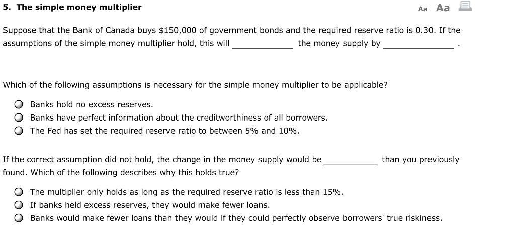 Solved 5. The simple money multiplier Aa Aa Suppose that the | Chegg.com