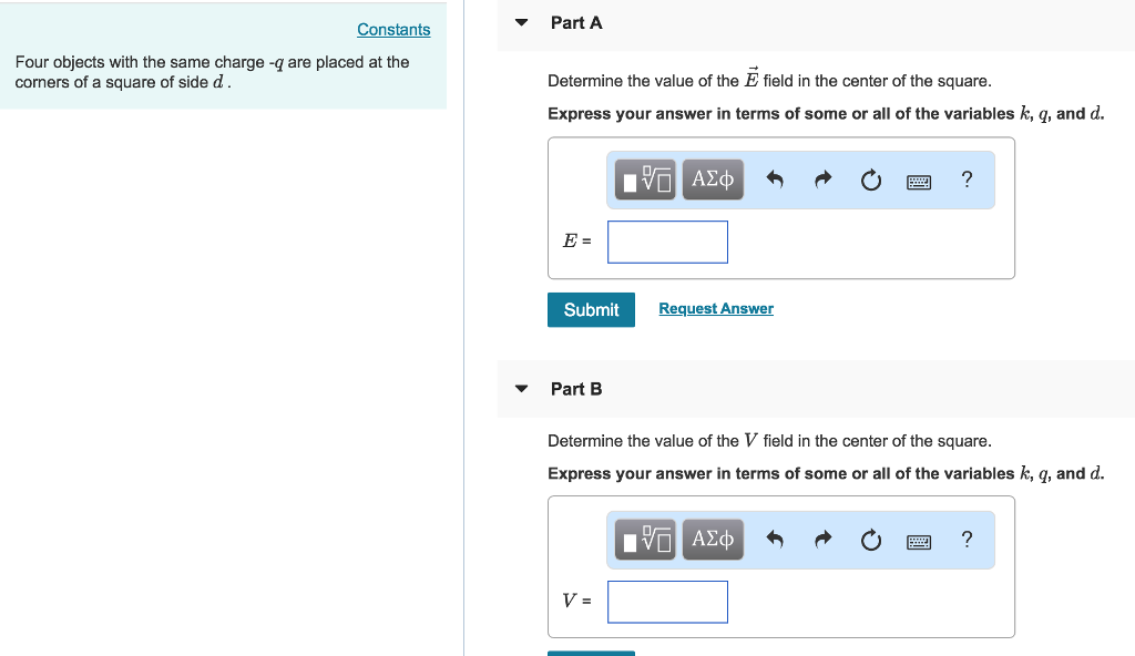 Solved Constants Part A Four objects with the same charge -q | Chegg.com Solved Constants Part A Four objects with the same charge -q | Chegg.com