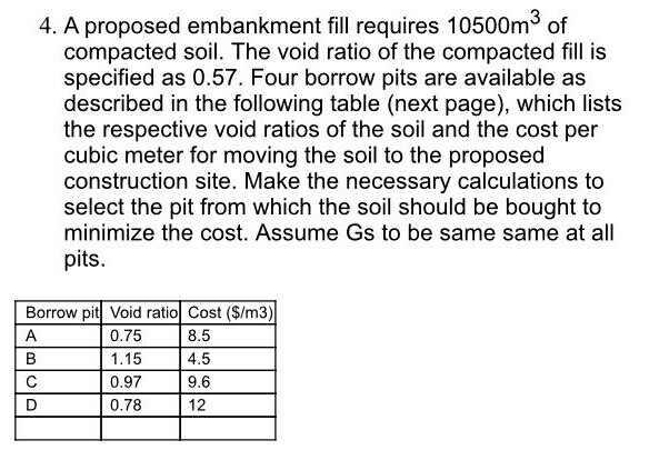 Solved 3 4. A proposed embankment fill requires 10500m、of | Chegg.com