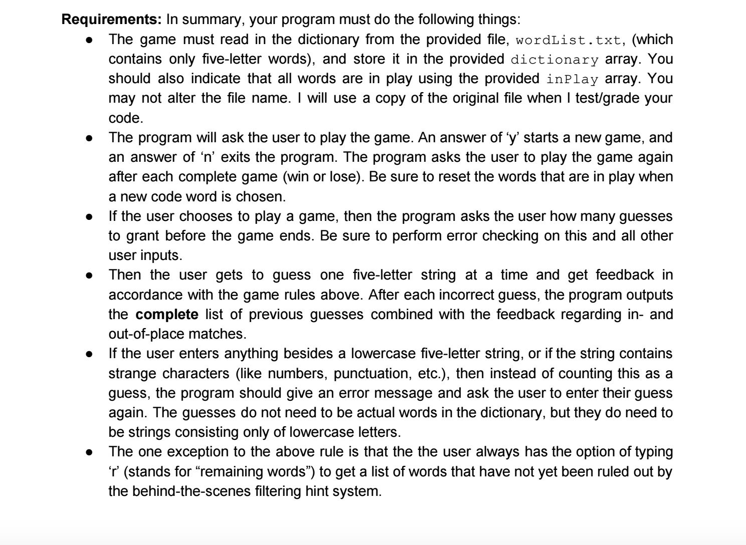 Solved Need help finishing a Java Word Game program with | Chegg.com