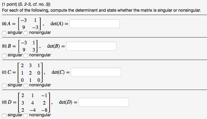 Solved For each of the following, compute the determinant | Chegg.com