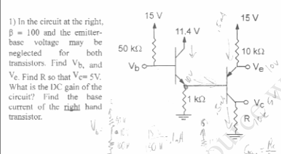 15 V 15V 1) In the circuit at the right, ? = 100 and | Chegg.com