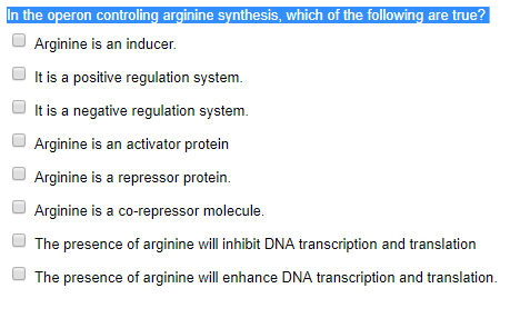 Solved In the operon controling arginine synthesis, which of | Chegg.com