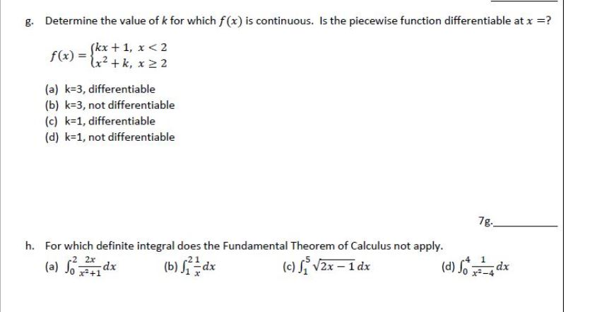 Solved g. Determine the value of k for which f(x) is | Chegg.com