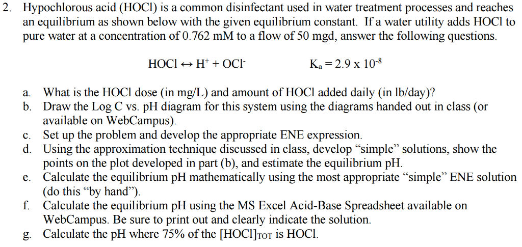 Hypochlorous acid (HOCl) is a common disinfectant | Chegg.com