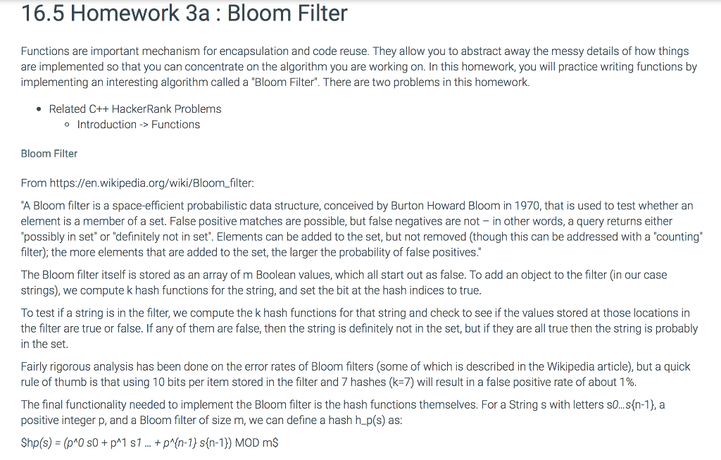 Solved 16.5 Homework 3a Bloom Filter Functions are important | Chegg.com