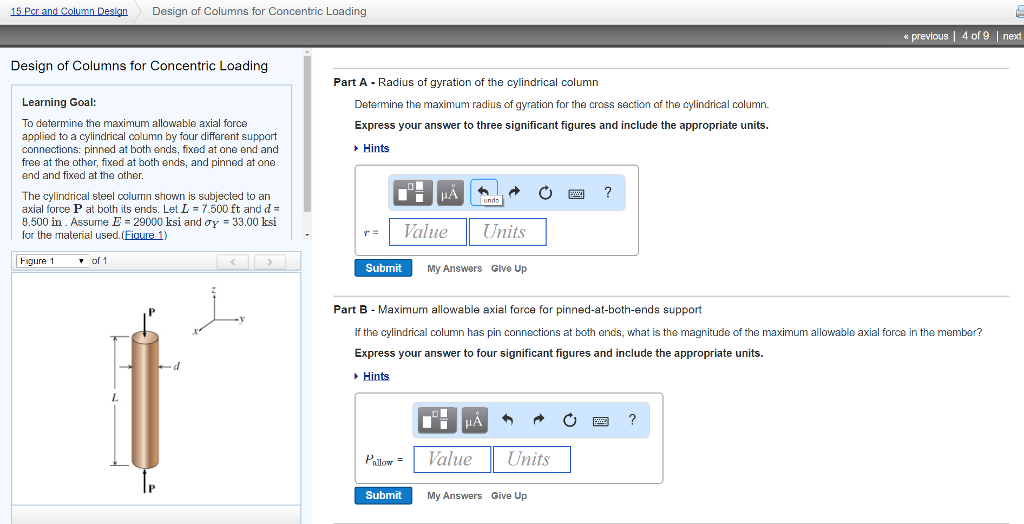 Solved Design of Columns for Concentric Loading * previous| | Chegg.com