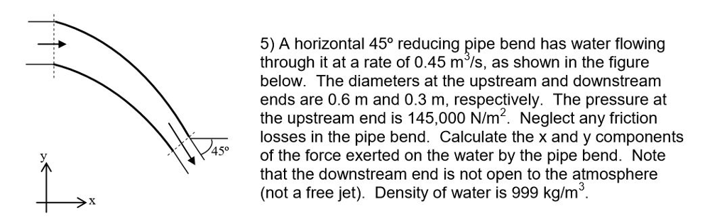 Solved 5) A horizontal 45° reducing pipe bend has water | Chegg.com