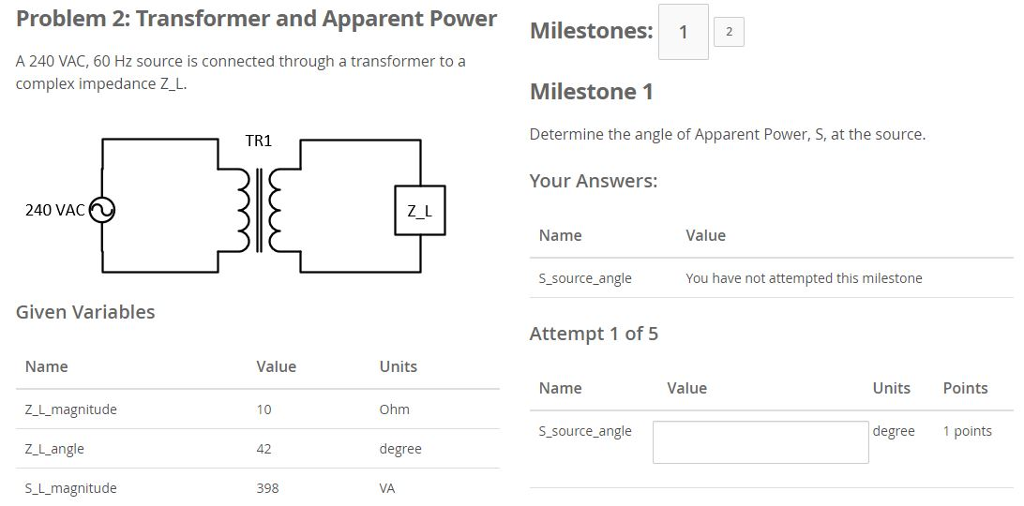 Solved Problem 2: Transformer and Apparent Power Milestones: | Chegg.com