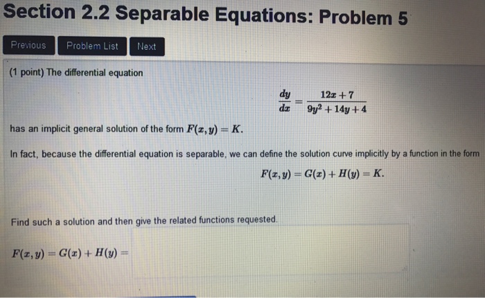 Solved Section 2.2 Separable Equations: Problem 3 Previous | Chegg.com
