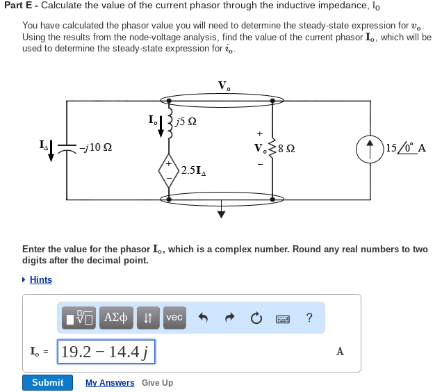 Solved Part E- Calculate the value of the current phasor | Chegg.com