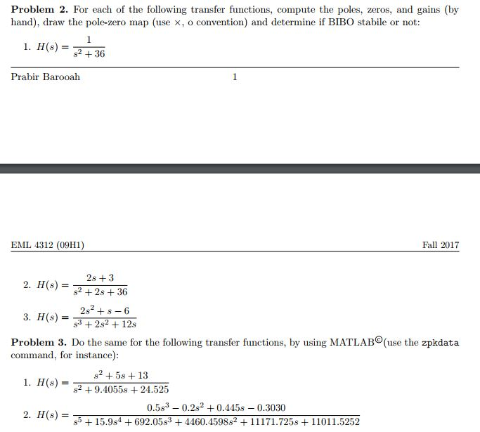 Solved For each of the following transfer functions, compute | Chegg.com