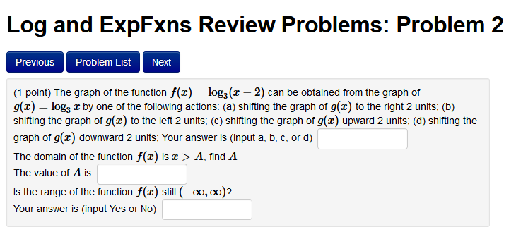 Solved Log and ExpFxns Review Problems: Problem 2 PreviouS | Chegg.com