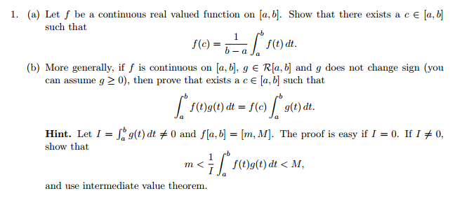 Solved (a) Let f be a continuous real valued function on [a, | Chegg.com