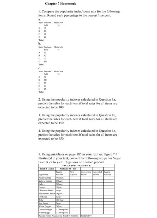 1. Compute the popularity index/menu mix for the | Chegg.com