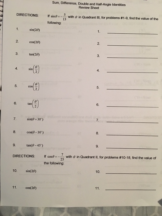 Solved Sum, Difference, Double and Half Angle identities | Chegg.com