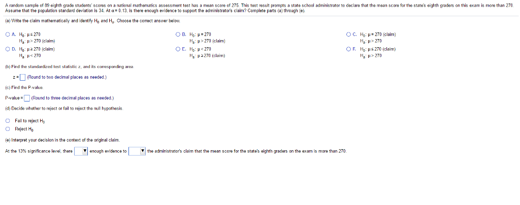 Solved A random sample of 89 eighth grade students' scores | Chegg.com