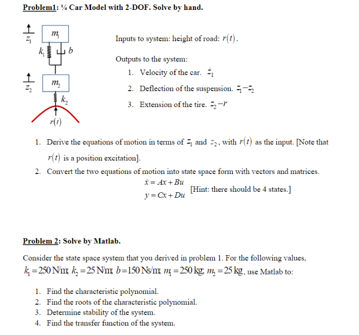 Solved Problem!: ¼ Car Model with 2-DOF, Solve by hand. | Chegg.com