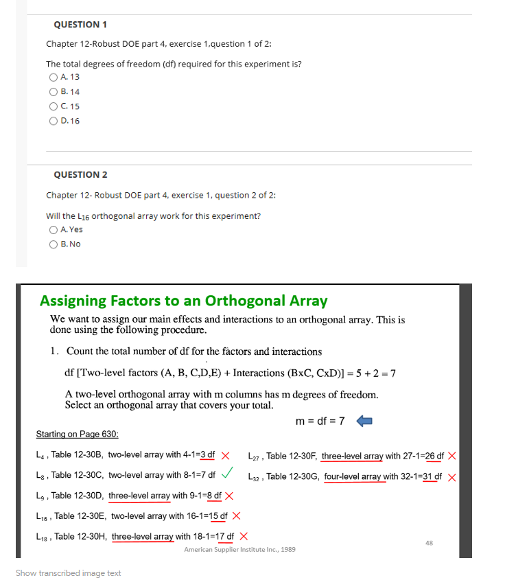 QUESTION 1 Chapter 12-Robust DOE part 4, exercise | Chegg.com