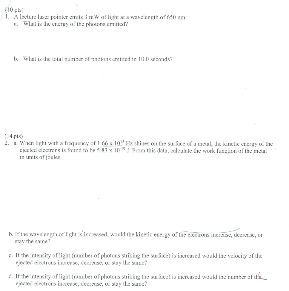 Solved 10 pts) 1. A lecture laser pointer emits 3 m W of | Chegg.com
