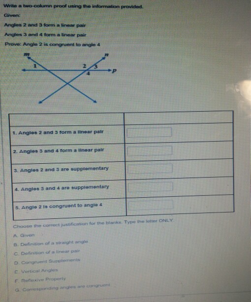 Solved Write a two-column proof using the information | Chegg.com