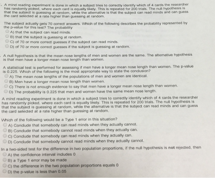 A mind reading experiment is done in which a subject | Chegg.com