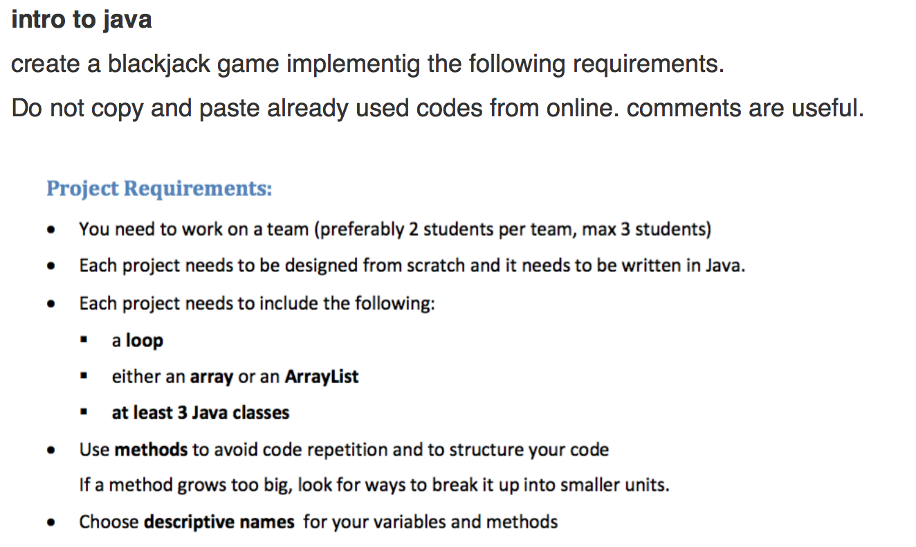 Solved Intro to java create a blackjack game implementing | Chegg.com