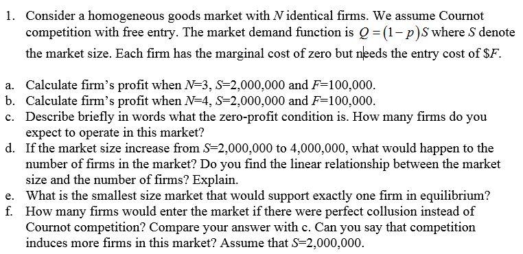 Solved Consider a homogeneous goods market with N identical | Chegg.com