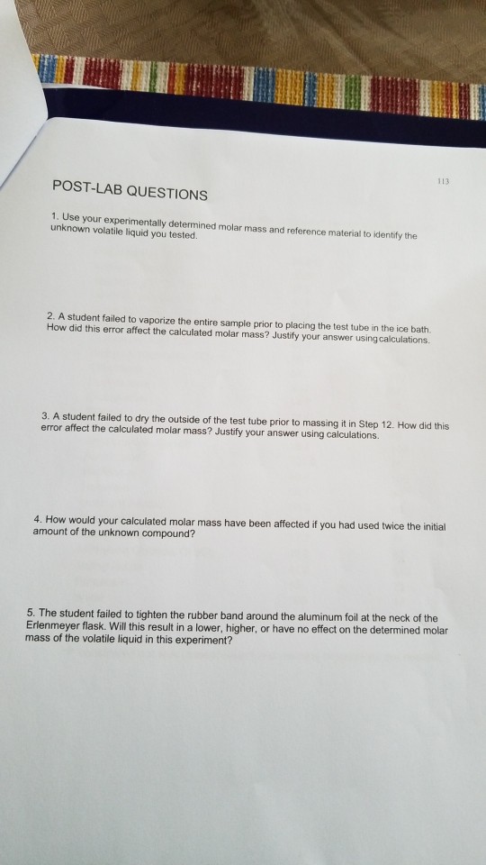 POST-LAB QUESTIONS . Use your experimentally | Chegg.com