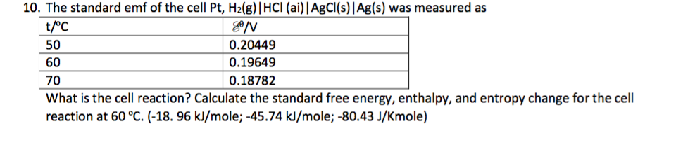 The standard emf of the cell Pt, H_2(g)|HCl | Chegg.com