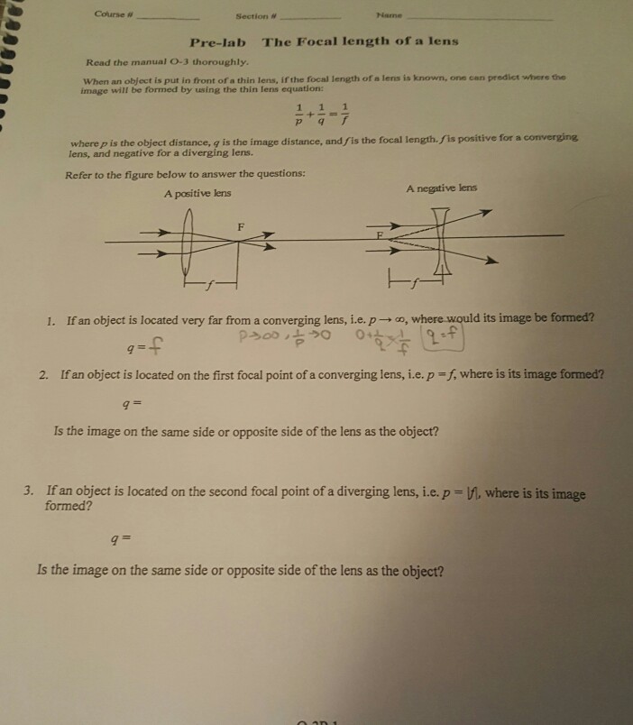 Solved Course # Section A Hame Pre-lab The Focal length of a | Chegg.com
