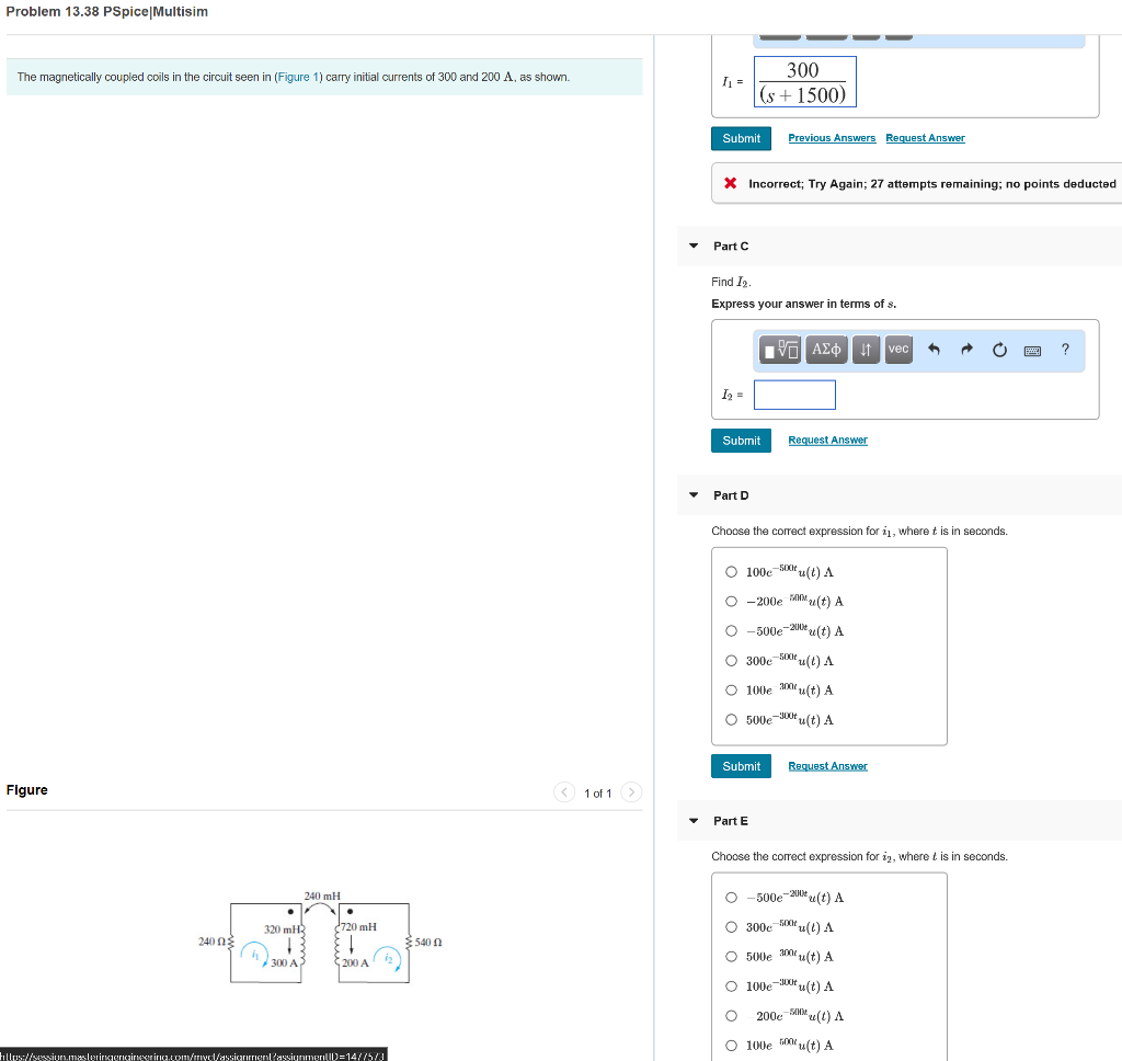 Solved Problem 13.38 PSpice Multisim 300 (s +1500 The | Chegg.com