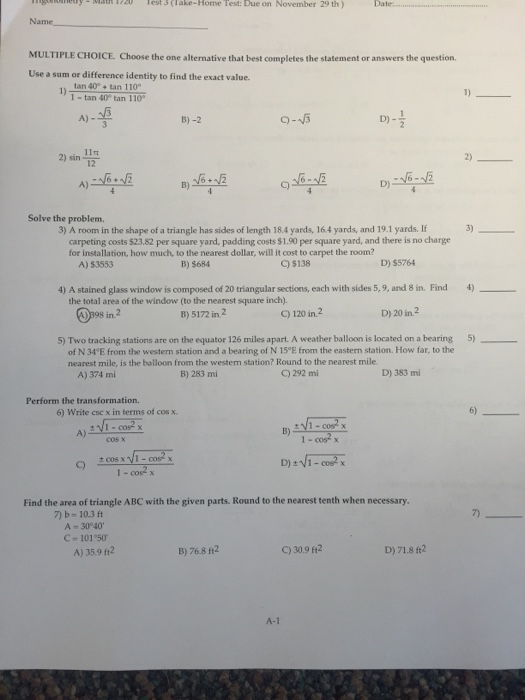 Solved Use a sum or difference identity to find the exact | Chegg.com