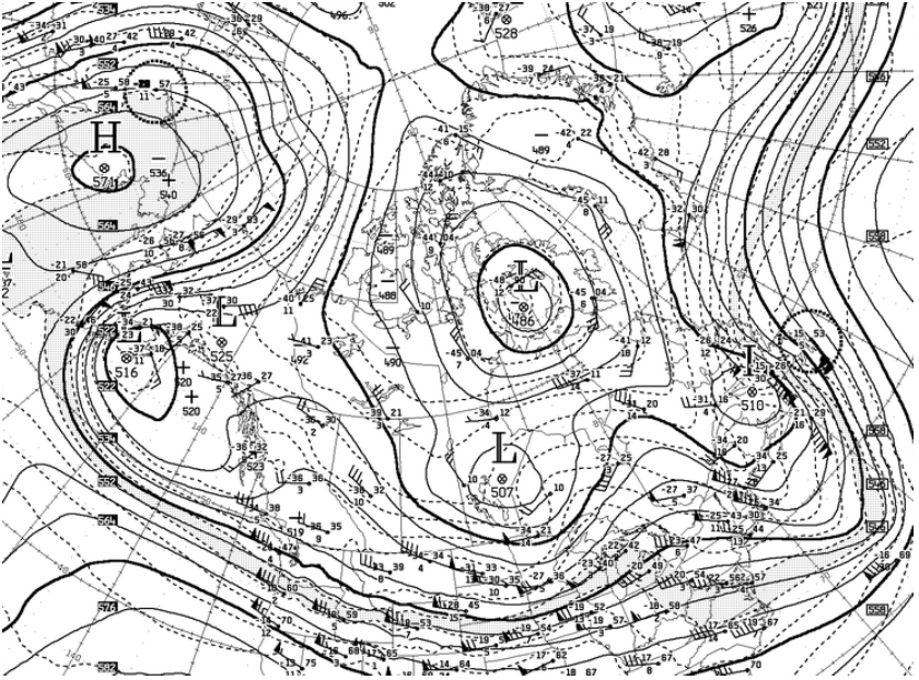Observe the 500hPa isobar pressure surface map below | Chegg.com