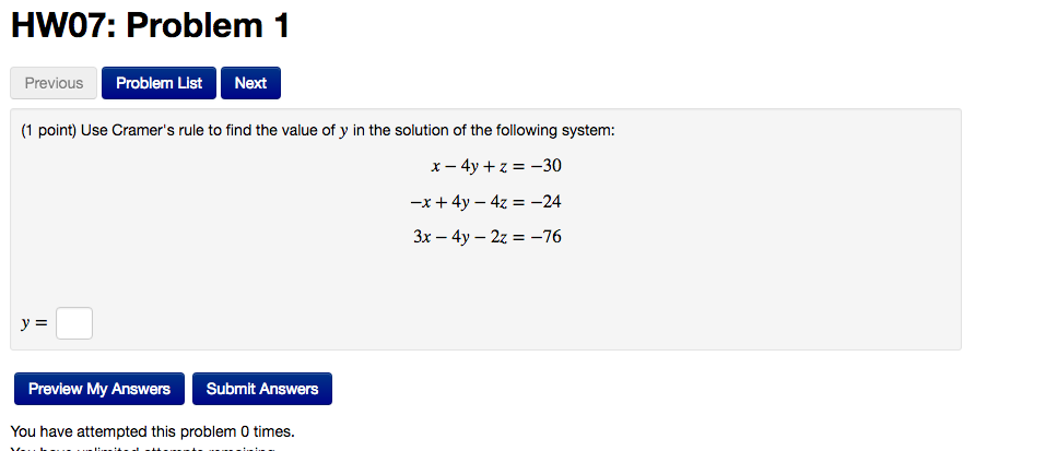 Solved Use Cramer's rule to find the value of y in the | Chegg.com