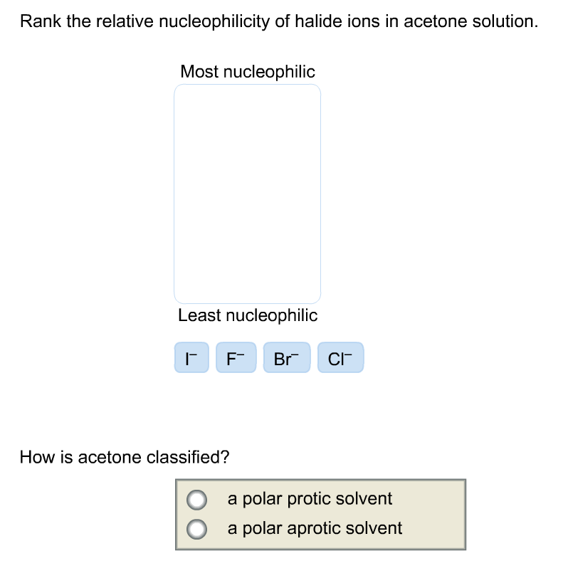 Solved Rank the relative nucleophilicity of halide ions in | Chegg.com