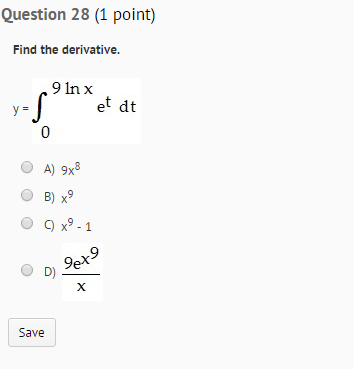 Solved Find the derivative. Y = integral^9 ln x_0 e^t dt | Chegg.com