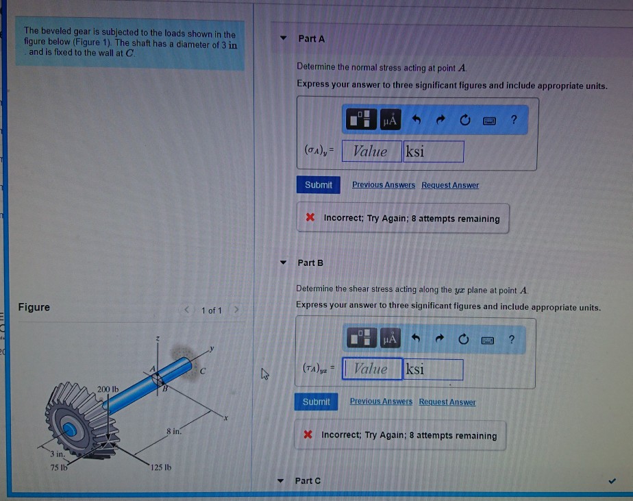 Solved The beveled gear is subjected to the loads shown in | Chegg.com