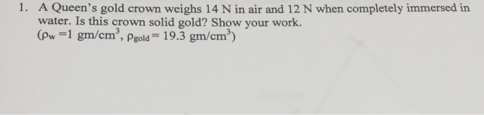 Solved 1. A Queen?s gold crown weighs 14 N in air and 12 N | Chegg.com