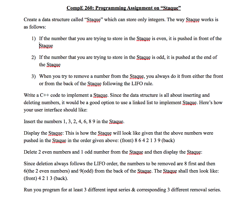 Solved CompE 260: Programming Assignment on “Stague” Create | Chegg.com