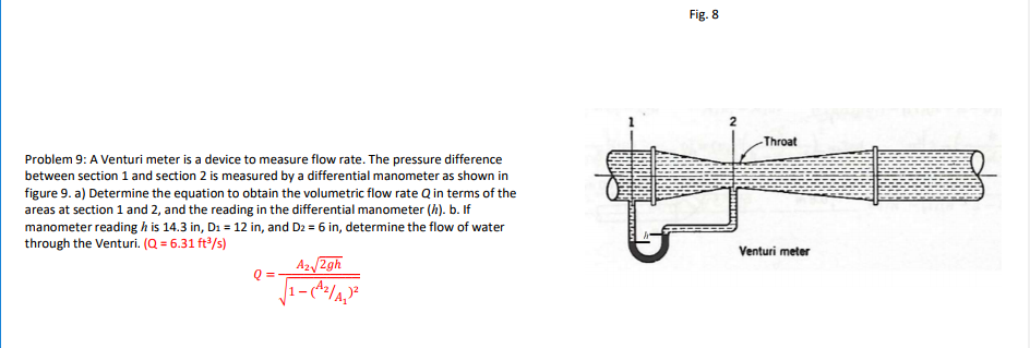 Solved Fig. 8 Throat Problem 9: A Venturi meter is a device | Chegg.com