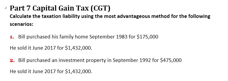 Solved Part 7 Capital Gain Tax (CGT) Calculate the taxation | Chegg.com