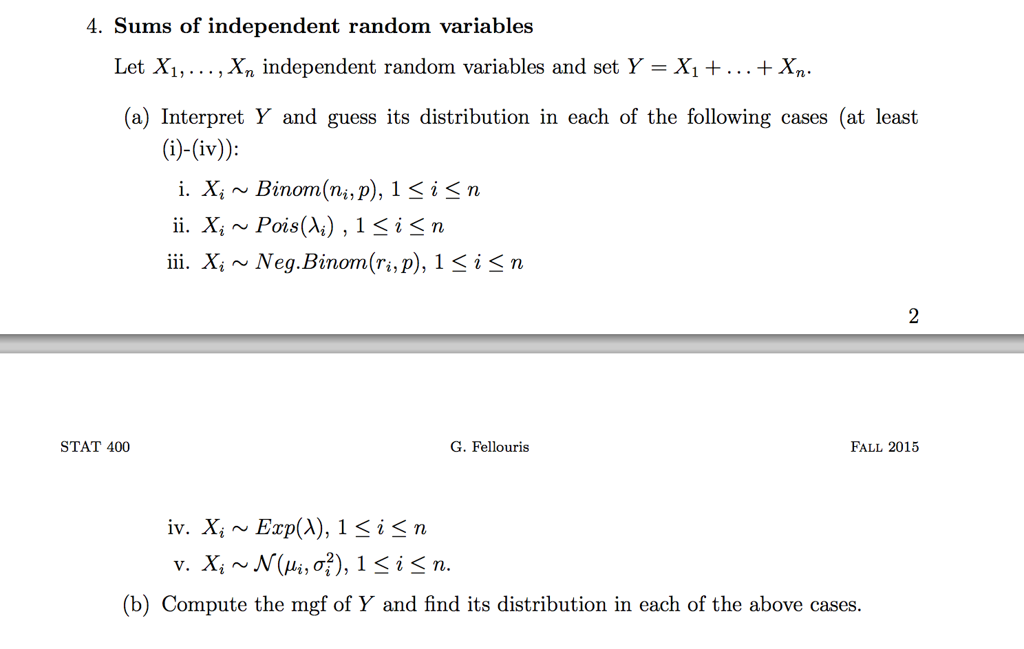 Solved 4. Sums of independent random variables Let 1, Xn | Chegg.com
