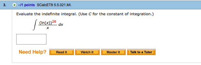 Solved 3. -/1 points SCalcET8 5.5.021.MI Evaluat the | Chegg.com Solved 3. -/1 points SCalcET8 5.5.021.MI Evaluat the | Chegg.com