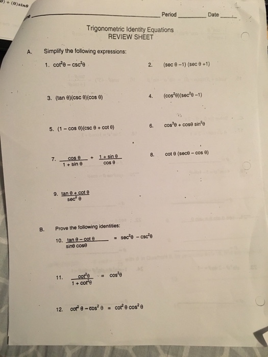 Solved Trigonometric Identity Equations REVIEW SHEET | Chegg.com