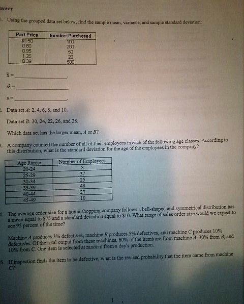 Using the grouped data set below, find the sample | Chegg.com