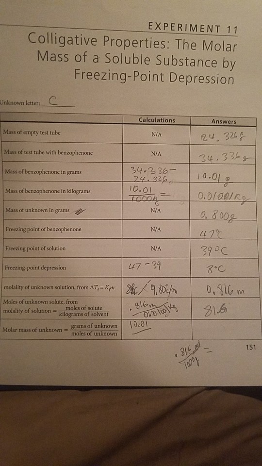Solved EXPERIMENT 11 Colligative Properties: The Molar Mass | Chegg.com