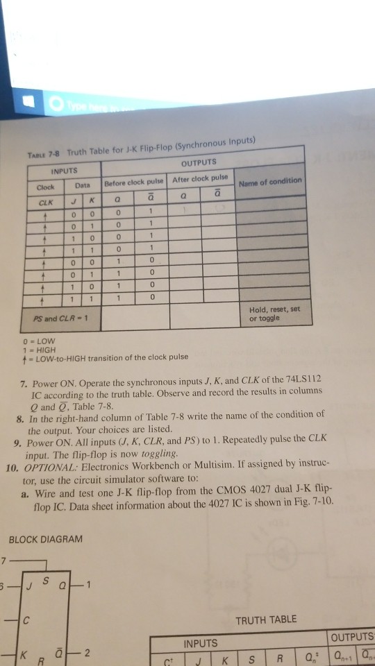 Solved Tane 7.8 Truth Table for J-K Flip-Flop (Synchronous | Chegg.com